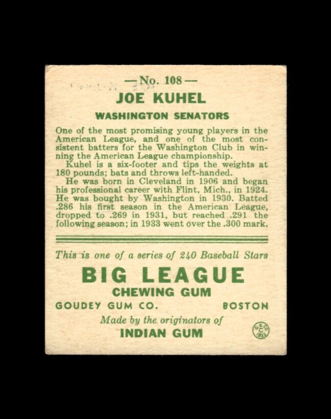 1933 Goudey Set-Break #108 Joe Kuhel VG-VGEX *GMCARDS* | eBay