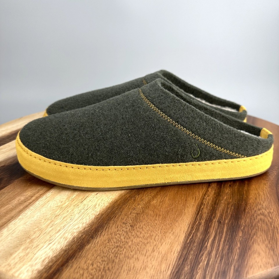 Olukai Hamani Hulu Men's 9 Real Sheep Fur Wool Mule Slippers Green Warm ...