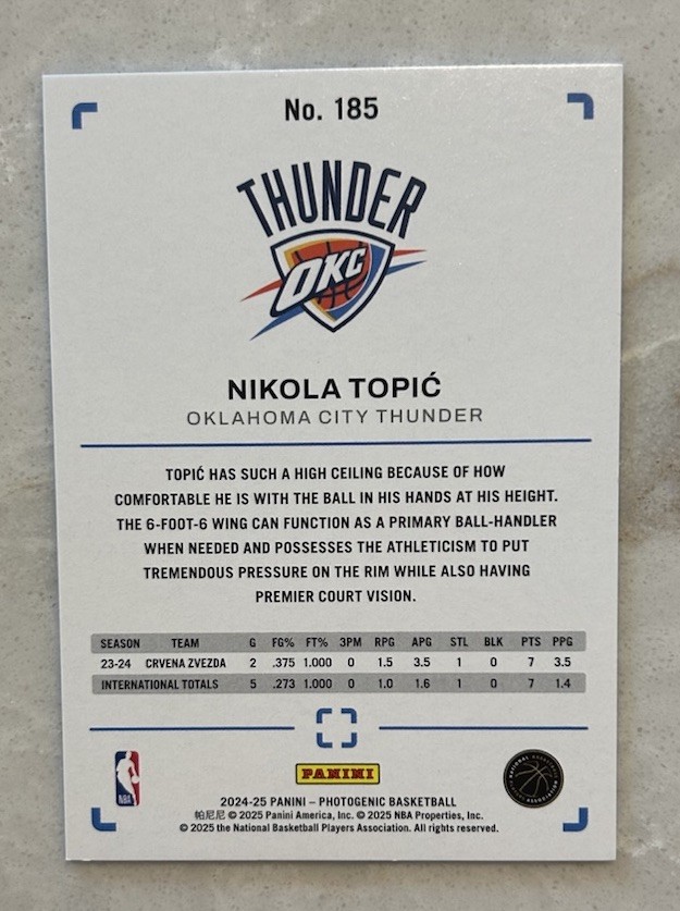 2024-25 Panini Photogenic - Rookies Diamond #185 Nikola Topic /75 RC | eBay