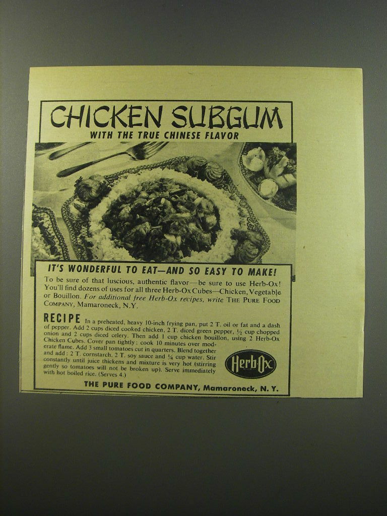 1945 Herb-Ox Bouillon Ad - Chicken Subgum with the true Chinese Flavor ...