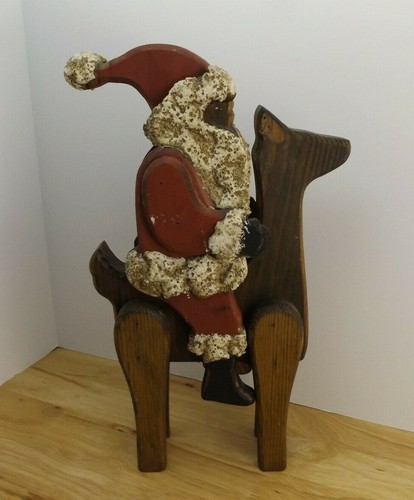 Vtg Rustic Hand Made Primitive Wood Santa Clause with Reindeer Lodge ...