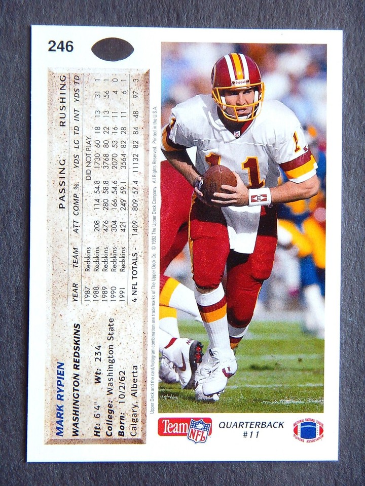 Mark Rypien #246 Upper Deck 1992 Football Card (Washington Redskins) VG ...