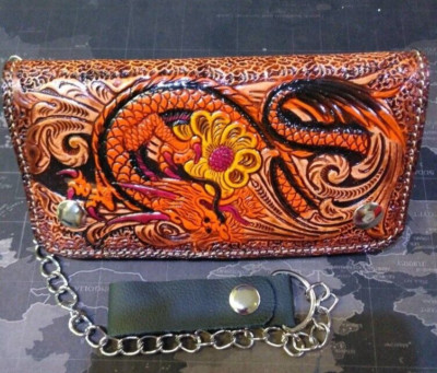 Dragon Carved Wallet Hendmade Cowboy Wallet Mens Bifold Wallet Chain ...