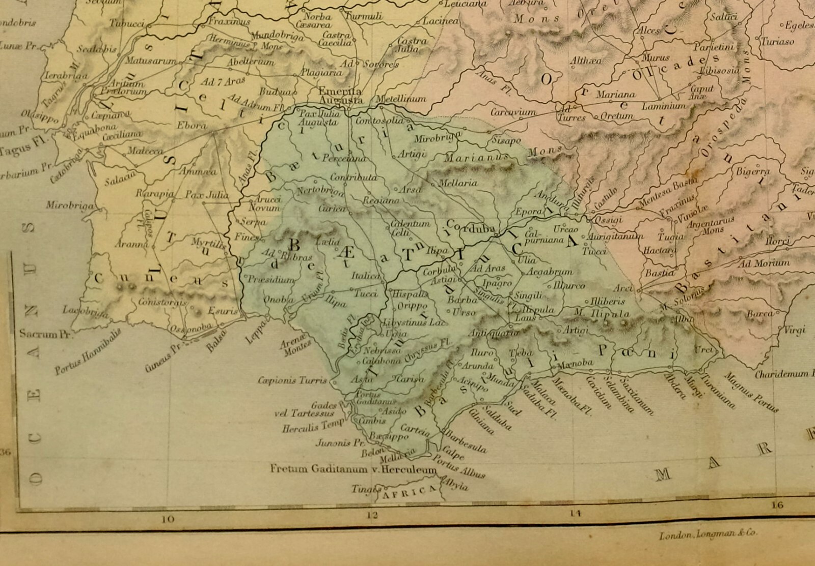 1851 HAND COLOURED ANCIENT MAP HISPANIA BAETICA TARRACONENSIS LUSITANIA ...