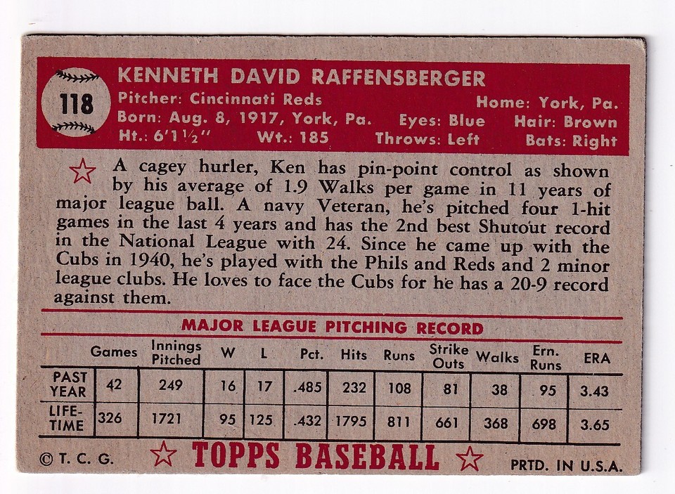 Ken Raffensberger 1952 Topps ML Baseball Card # 118-Red Back-Reds | eBay