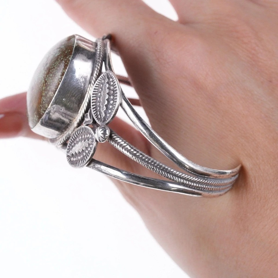 7" Vintage Heavy stamped silver green spiderweb turquoise bracelet | eBay