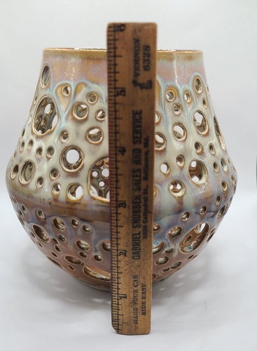 Handmade Pitch Pine Pottery Candle Holder Lantern Signed 6x6" Aqua ...