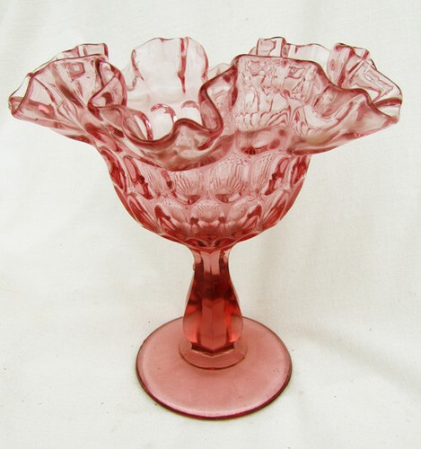 Fenton rose pink thumbprint compote candy dish 6 ruffled edge great ...