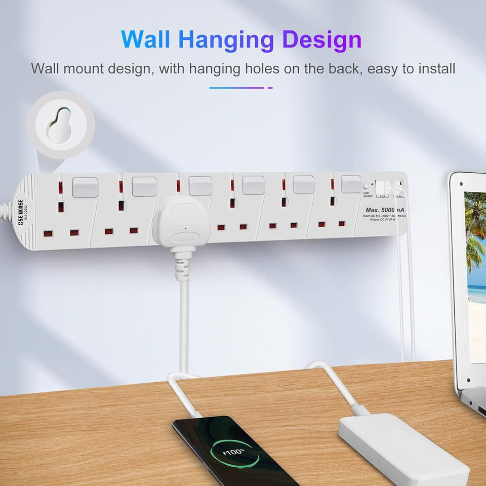 SE UKASE Extension Lead with USB Slots5V/5A, 6 Way Plug Sockets with ...