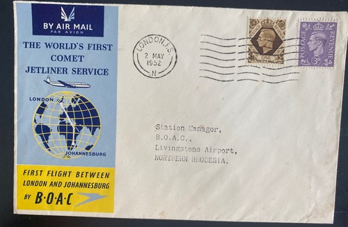 1952 London England First Flight Airmail Cover FFC To N Rhodesia BOAC ...