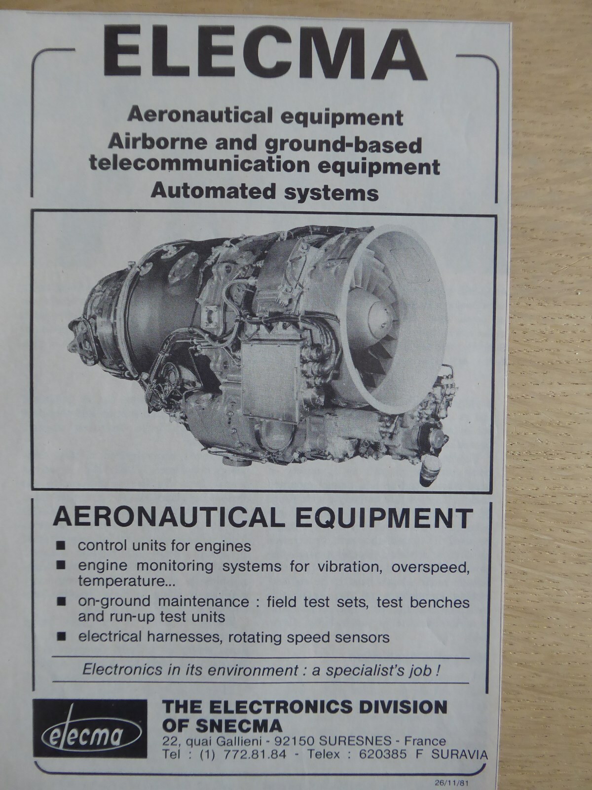 12/1981 PUB ELECMA SNECMA ELECTRONIQUE MOTEUR LARZAC 04 ENGINE ORIGINAL ...