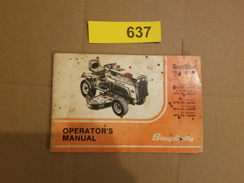 Operators Manual Simplicity Sunstar Lawn Tractor Mower Deutz Allis Agco ...