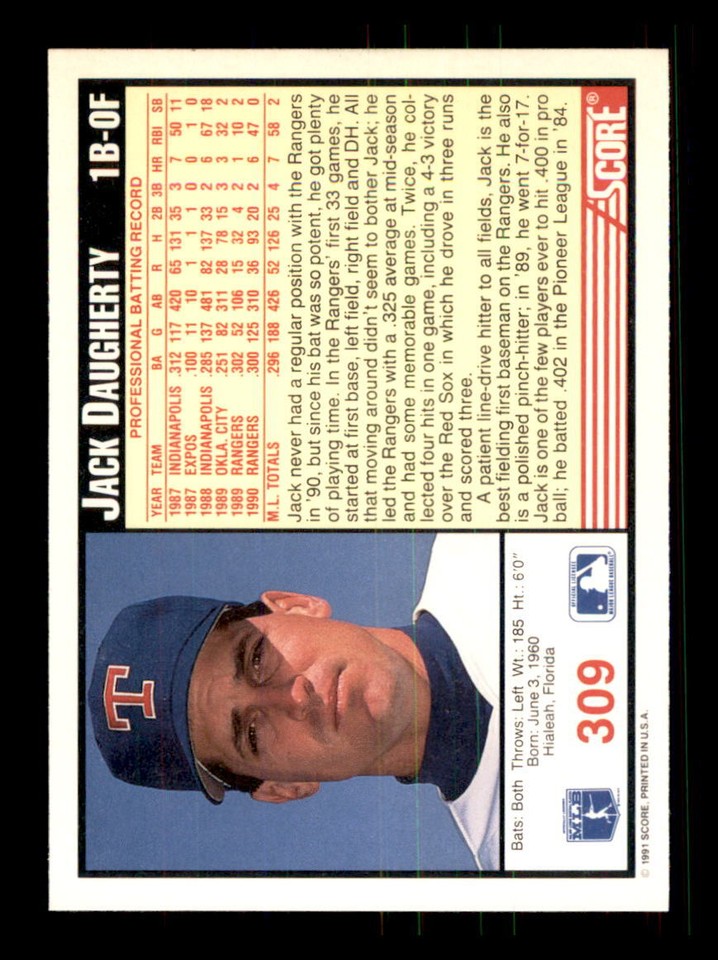1991 Baseball Score Jack Daugherty Texas Rangers #309 | eBay