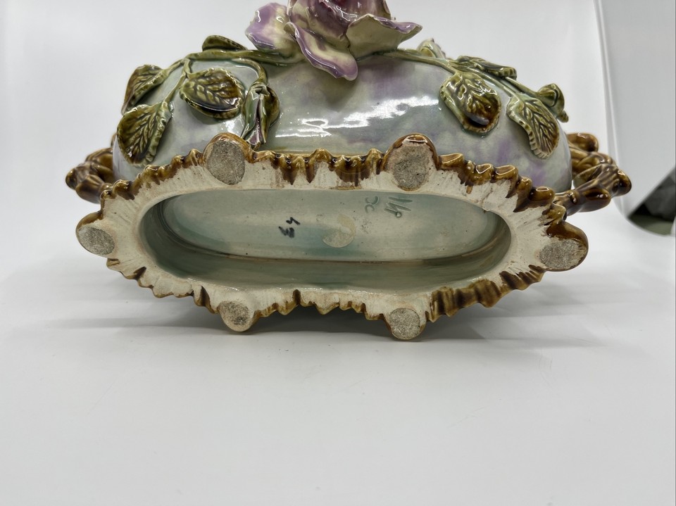 Antique French Majolica Barbotine 12” Jardiniere Planter Roses Leaves ...