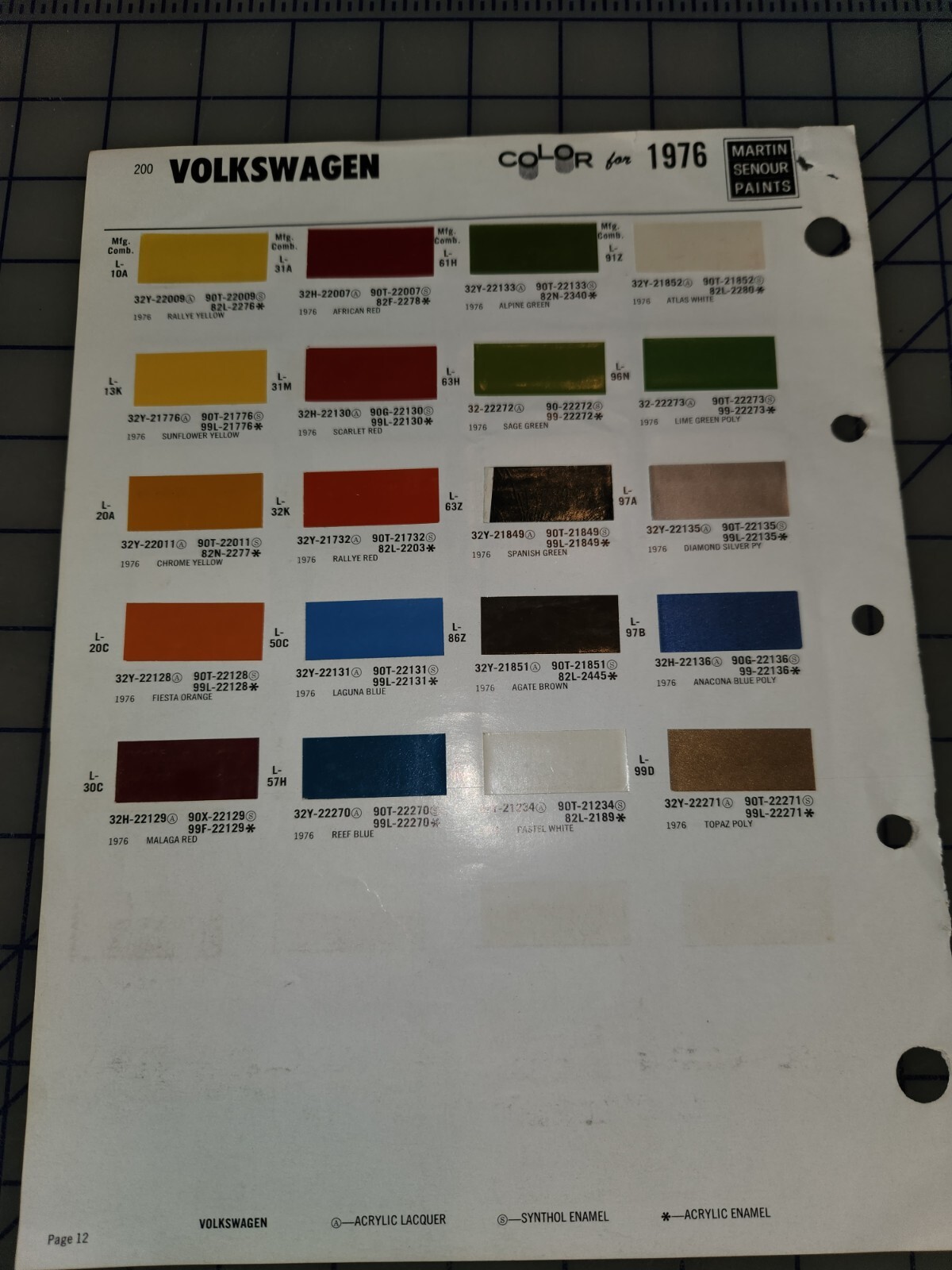 1976 Volkswagen VW Color Chip Sheet Brochure | eBay