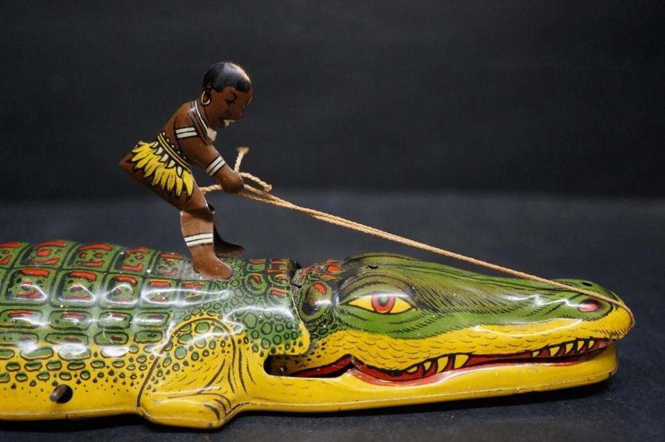 VINTGE 1950S CHEIN TIP TIP ALLIGATOR TIN LITHO WIND UP TOY BOY RIDING ...