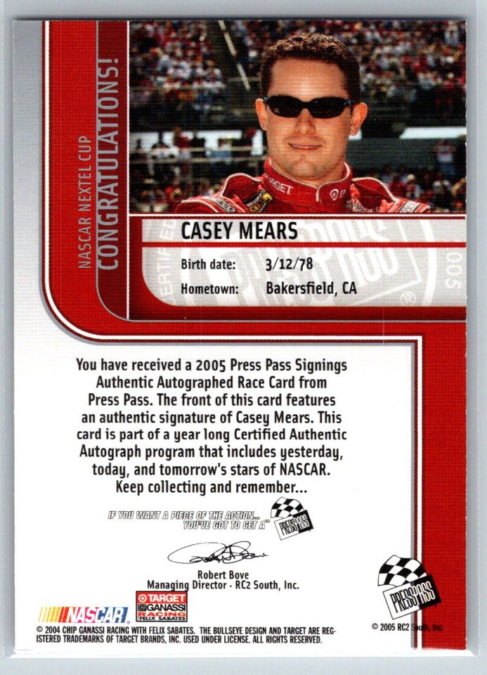 2005 Press Pass Signings Casey Mears Auto NASCAR TC5853 | eBay