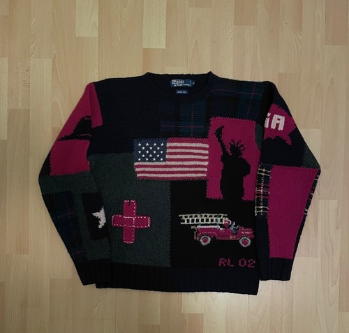 Vintage Ralph Lauren Polo Patchwork 911 Hand Knit Wool Sweater Stadium ...