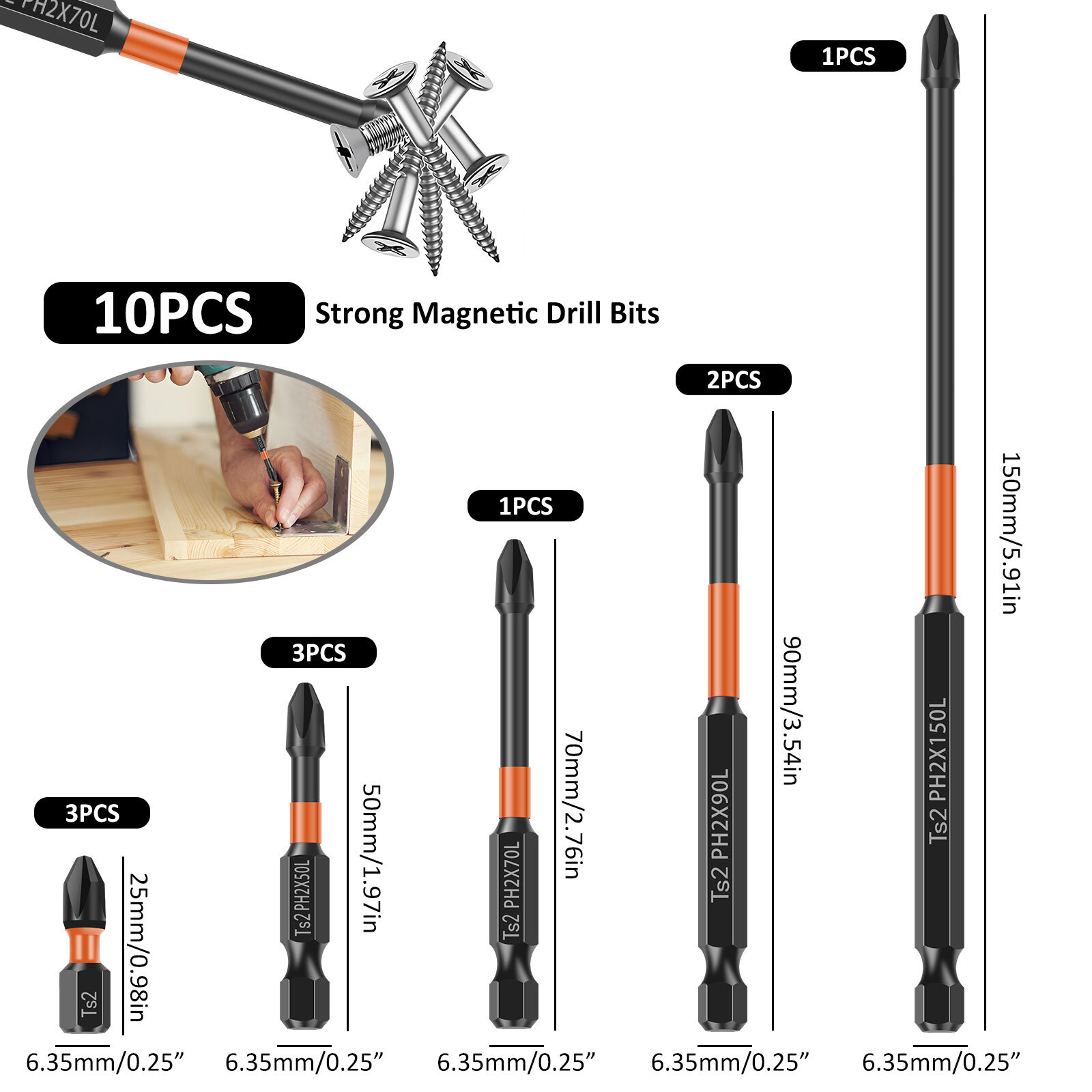 10X Screwdriver Bit Set Magnetic Bit Set High Torque Cross Slot 1/4 ...