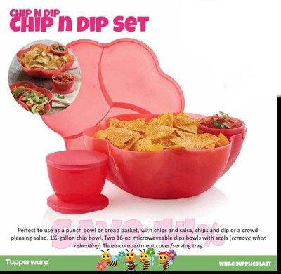 Tupperware CHIP 'N DIP SERVING SET ~ Red ~ Large 1.5 Gallon w/2 Dip ...