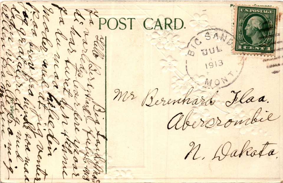 Attend Birthday POST CARD SAND 1913 NT MON USPOSTAGE Mr Bernhard Flaa N ...