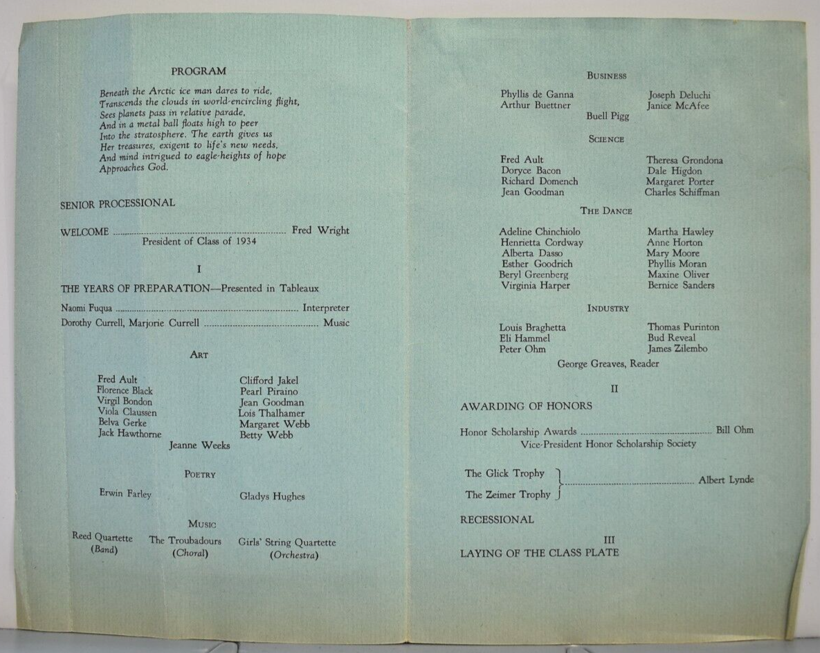 Vintage 1934 Class Day Program Stockton High School Auditorium ...