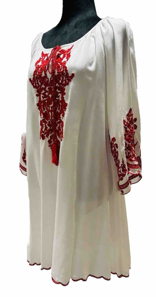 Chic Connection Red & White Cotton Blend Embroidered Mini Tunic Dress ...