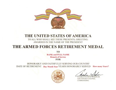 Armed Forces Retirement Medal Replacement certificate Army Navy USMC ...