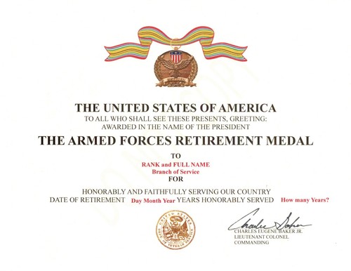 Armed Forces Retirement Medal Replacement certificate Army Navy USMC ...