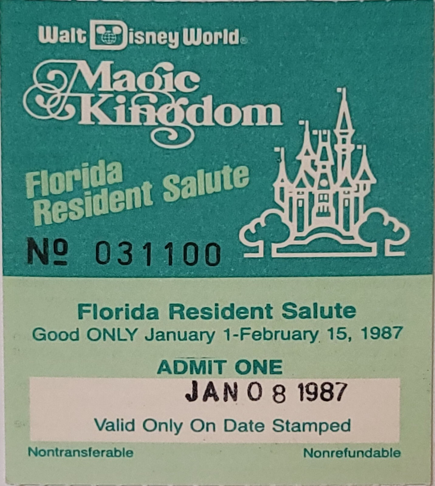 Vtg Walt Disney World Magic Kingdom Ticket Stub Jan 8 1987 Florida ...
