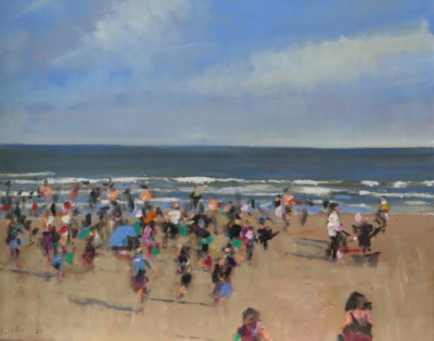 ORIGINAL MALCOLM LUDVIGSEN "Filey Beach" crowds seaside surfing sea OIL ...