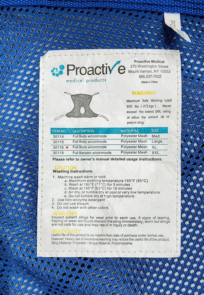 🔷 Proactive HOYER LIFT SLING Full Body Mesh w/ Commode Size XL 600 lbs ...