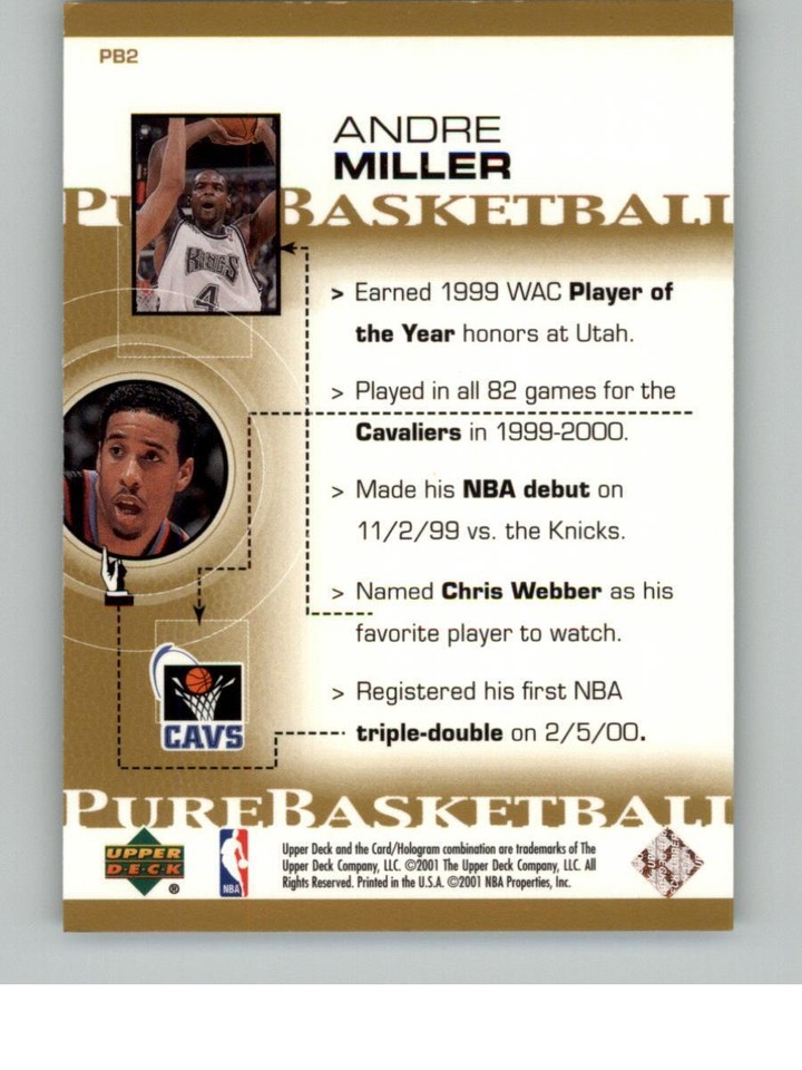 2000-01 Upper Deck Andre Miller PB2 Cleveland Cavaliers Pure Basketball ...