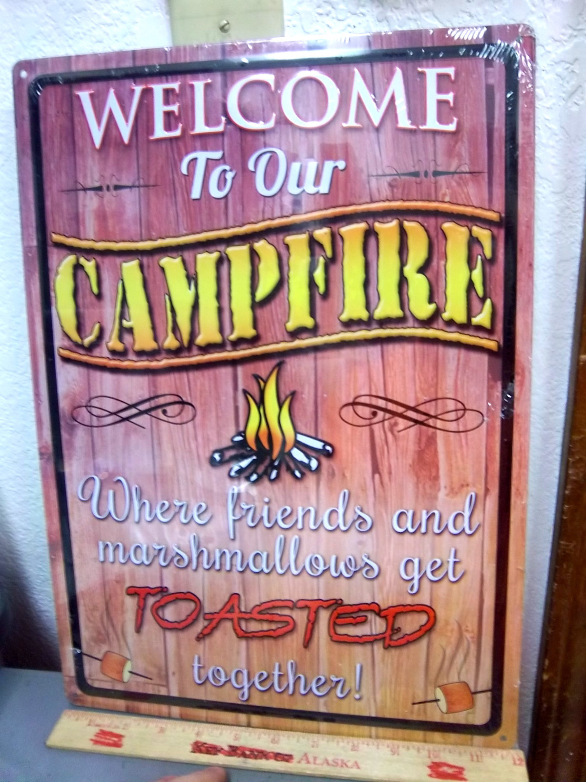 LARGE 17 x 12 inch metal sign WELCOME to our CAMPFIRE, where friends ...