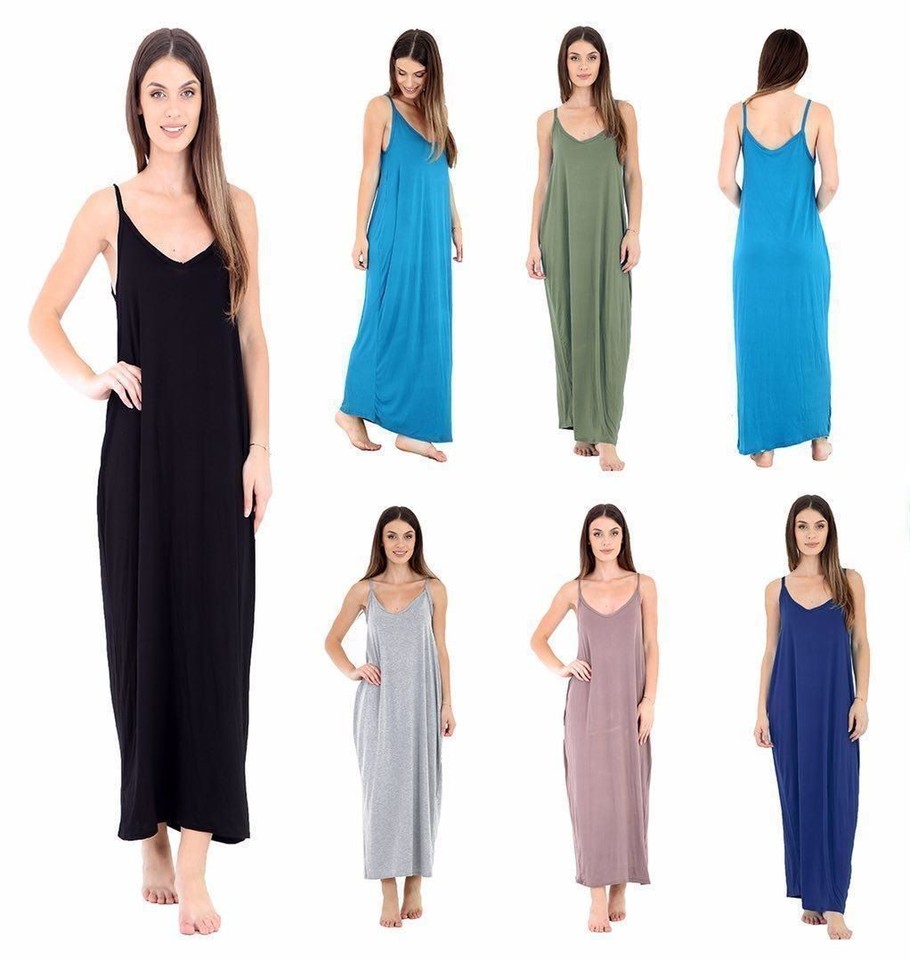Womens summer V Neck Maxi Dress Camisole Strappy Lagenlook Drape Baggy ...