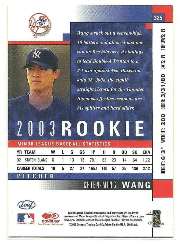 2003 Leaf #325 Chien-Ming Wang/ Yankees NM-MT (RC - Rookie Card) | eBay