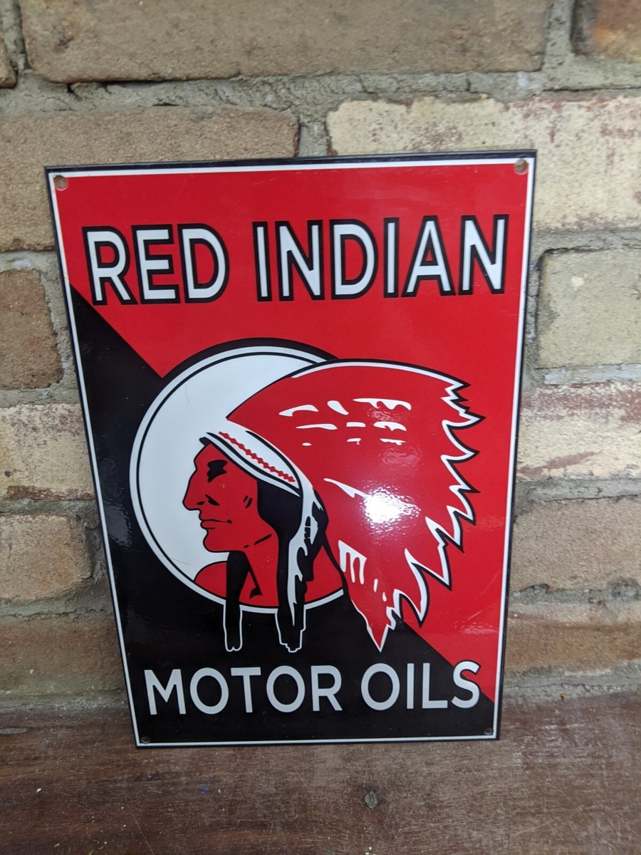 Red Indian Oil Sign VINTAGE RED INDIAN MOTOR OILS PORCELAIN DEALERSHIP