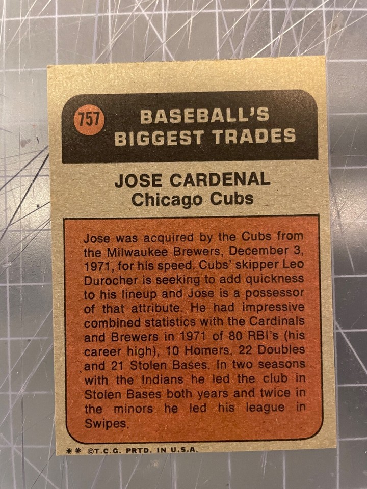1972 TOPPS #757 JOSE CARDINAL CHICAGO CUBS TRADED HI# BASEBALL CARD NM+ ...