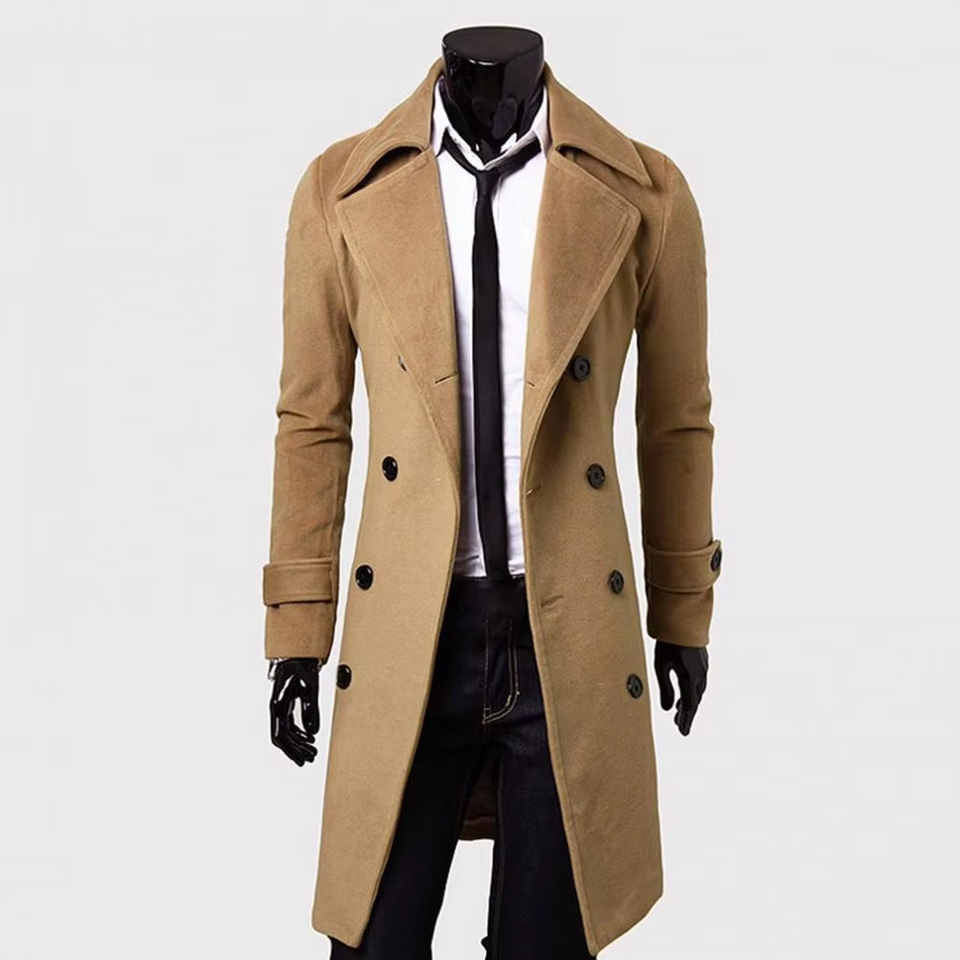 Simple Trench Coat Double-Breasted Male Men Coat Coldproof Pure Color ...
