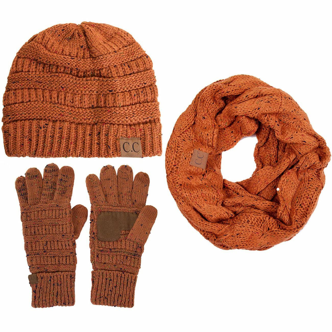 C.C Unisex 3pc Set Confetti Ribbed Cable Knit Stretch Beanie Gloves and ...