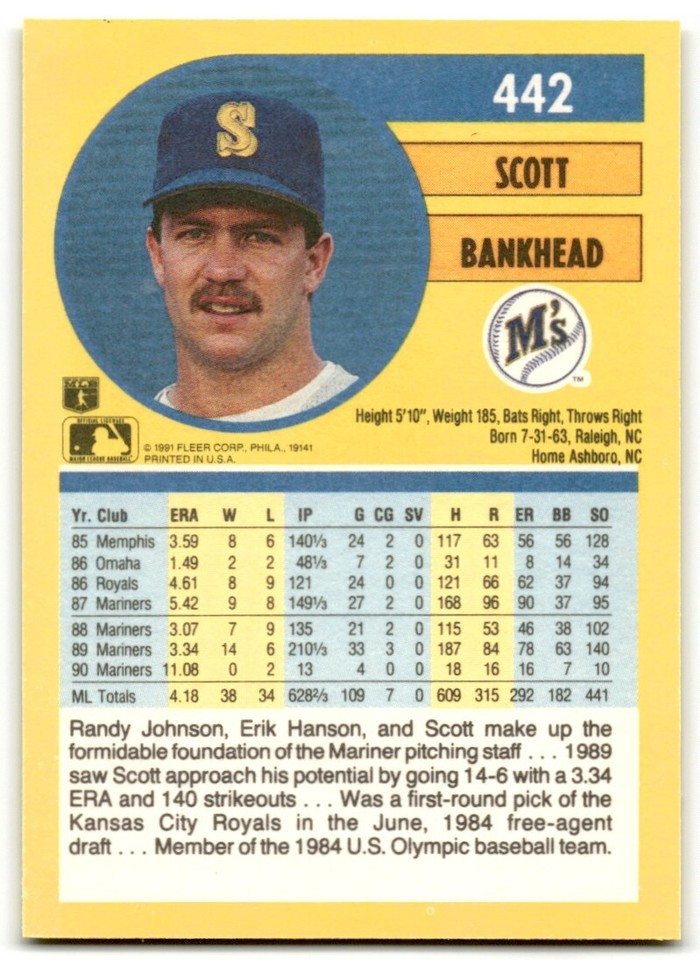 1991 Fleer Scott Bankhead Seattle Mariners #442 | eBay