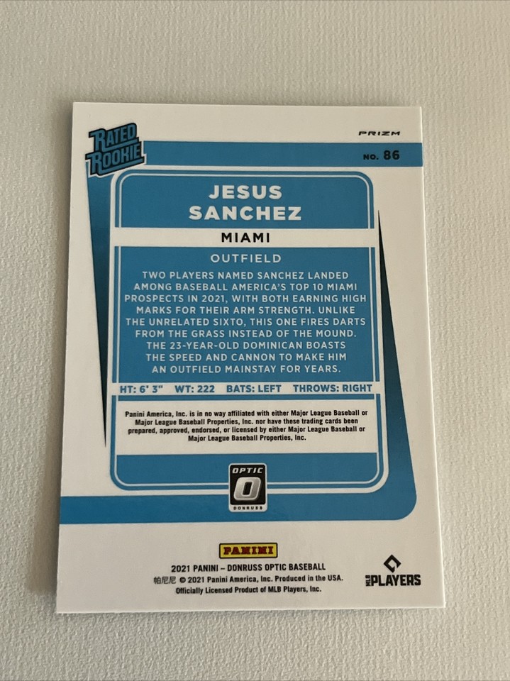 2021 Donruss Optic Carolina Blue & White Jesus Sanchez Rated Rookie #86 ...