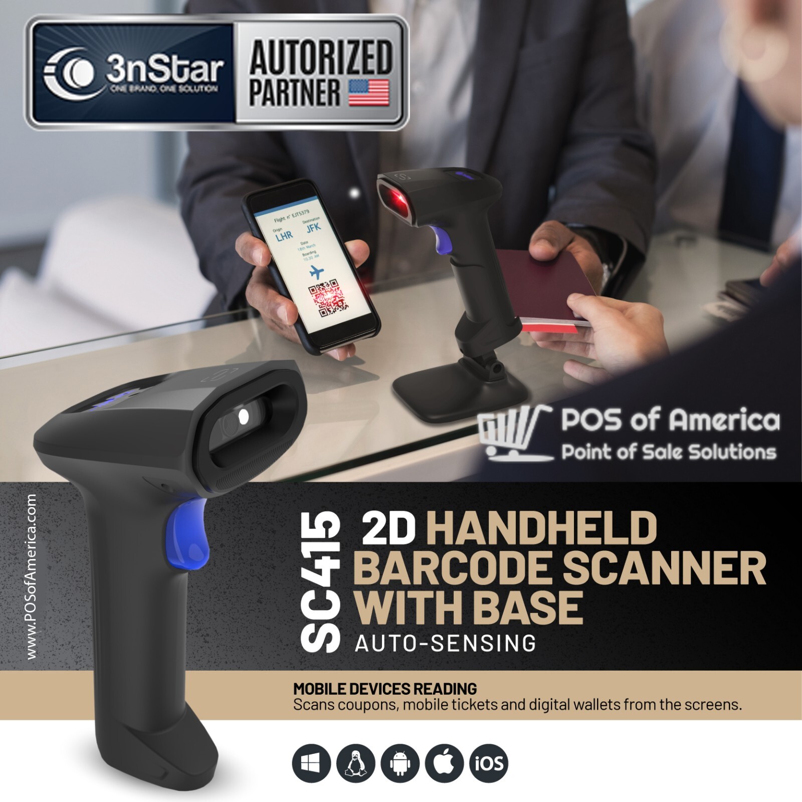 3nStar 1D 2D Handheld Barcode Scanner with Base and Auto-Sensing SC415 ...