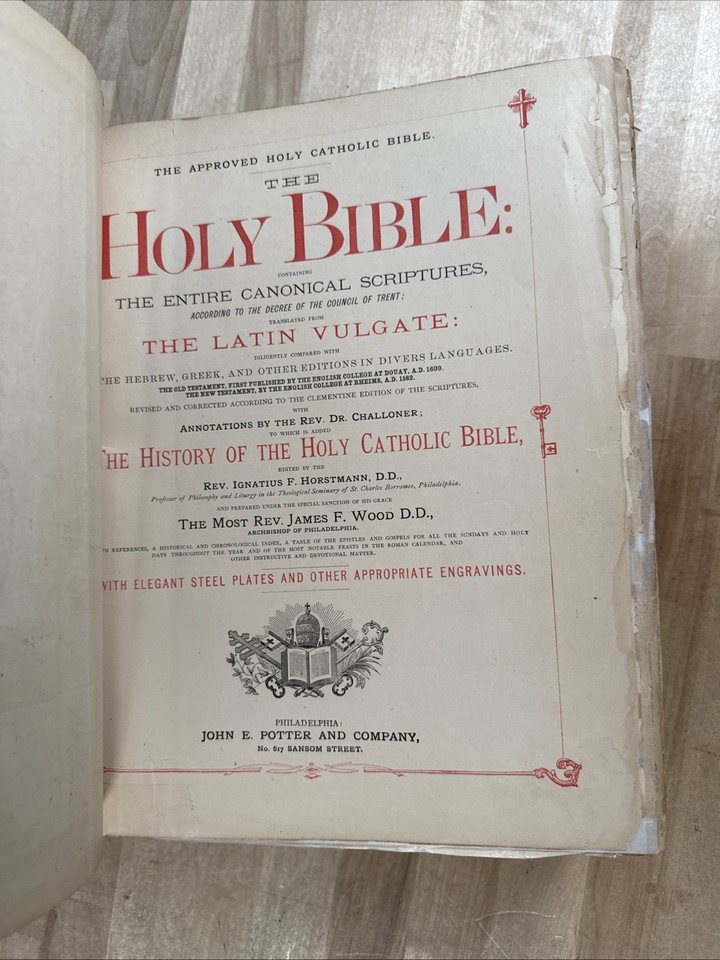 c1870 HOLY BIBLE latin vulgate DOUAY RHEIMS challoner LEATHER antique ...