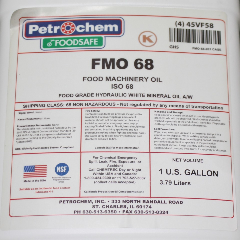 (4) Petrochem Hydraulic Oil FMO 68-001, 1 Gallon, SAE 20, Food Grade ...