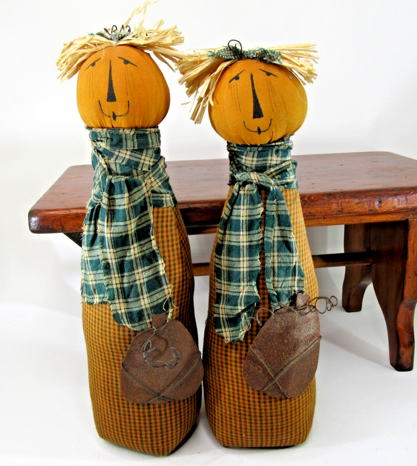 2 cloth 14" tall Pumpkin dolls Halloween Fall decor doorstops artisan ...