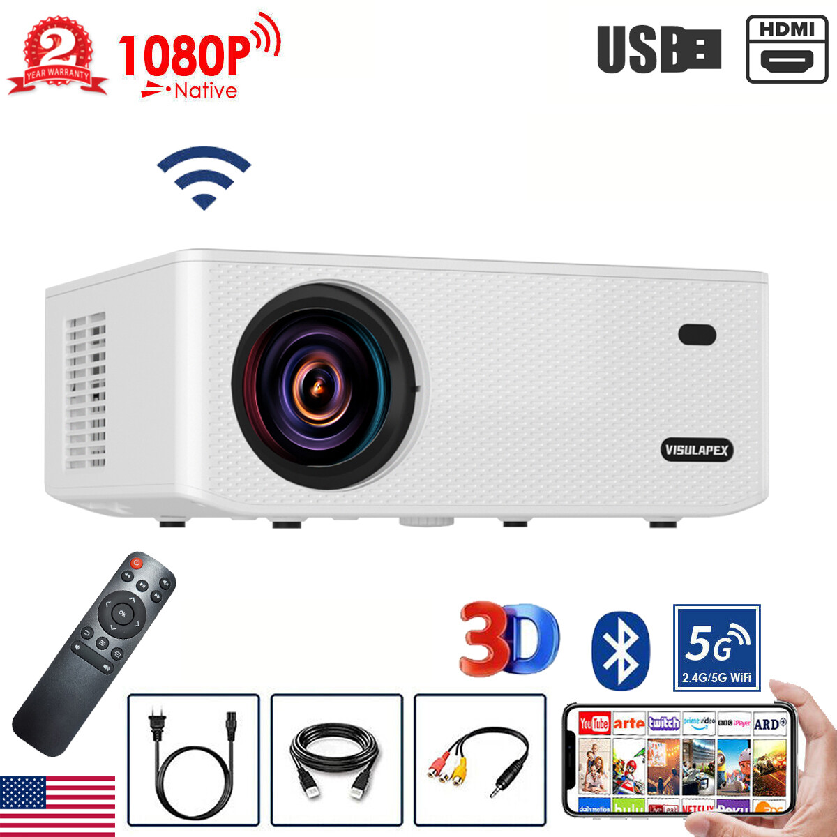Projector 50000 Lumens 4K 1080P FHD 5G WiFi Bluetooth Video Home ...