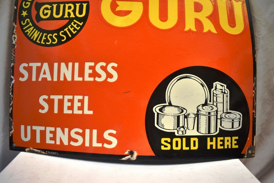Vintage Guru Utensils Sold Here Enamel Sign Bengal India 20x15 Kitchen ...