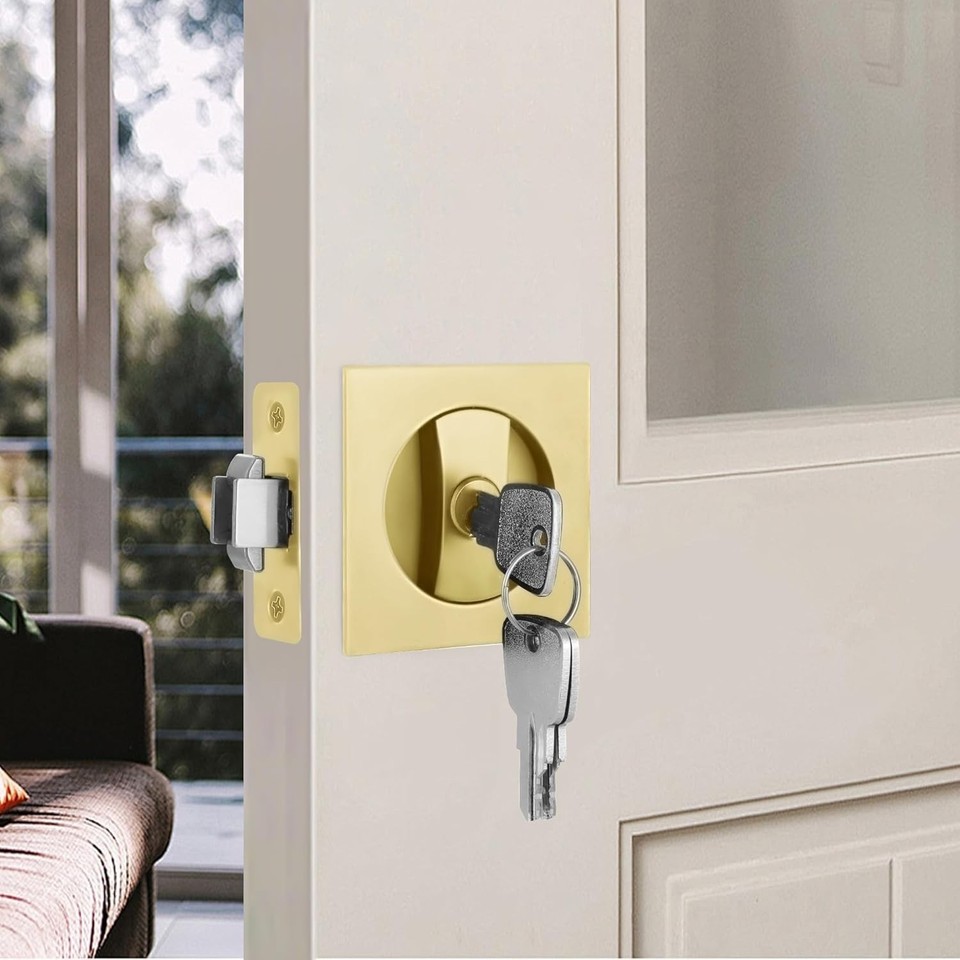 Pocket Door Lock with Key Brushed Gold Pocket Door Hardware Square Door ...