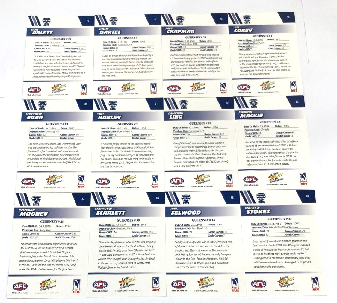 2008 SELECT AFL CHAMPIONS TRADING CARD FULL BASE CARD TEAM SET (12 ...